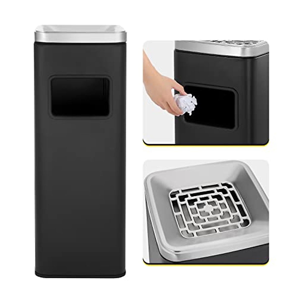 Dyna-Living Stainless Steel Trash Can Outdoor Commercial Garbage Can Large Trash Bin for Home Use Industrial Waste Container, Square Black