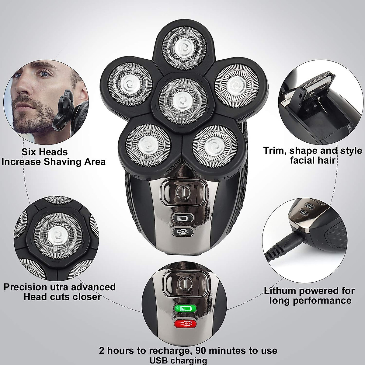 Bud K Electric Razor for Men, 5-in-1 Head Shavers for Bald Men, Wet & Dry, Rechargeable, Black