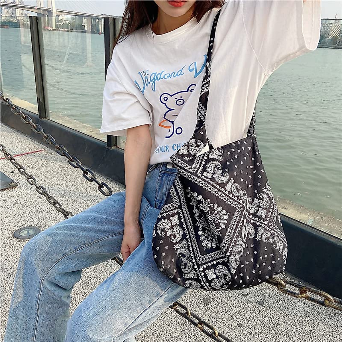 Bohemia Canvas Tote Bag For Women Retro Large Size Canvas Shoulder Bag Hobo Crossbody Handbag Casual Tote For Shopping And Travel