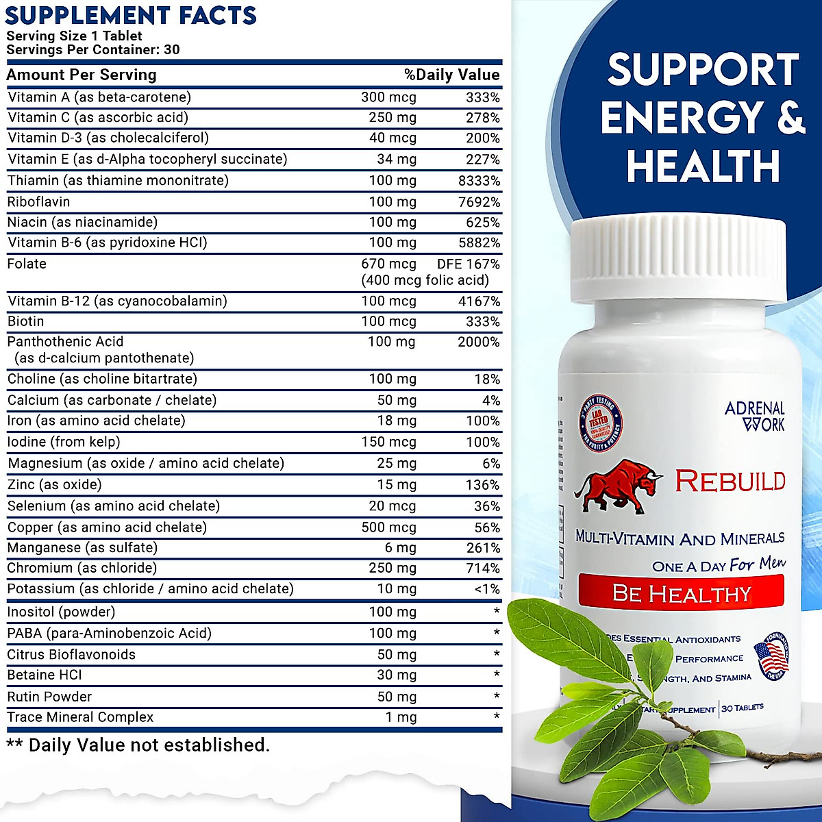 Adrenalwork Mens One a Day Multivitamin –- Includes Zinc, Magnesium, Vitamin B Complex, Iron, Essential Minerals+. Essential Multi Vitamins Supplements for Men