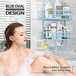 HYSEYY Shower Caddy Over Shower Head - Hanging Shower Caddy Over Shower Head for Bathroom, No Drilling Rustproof Stainless Steel Hanging Shower Organizer with Soap Holder, 10 Hooks, Blue