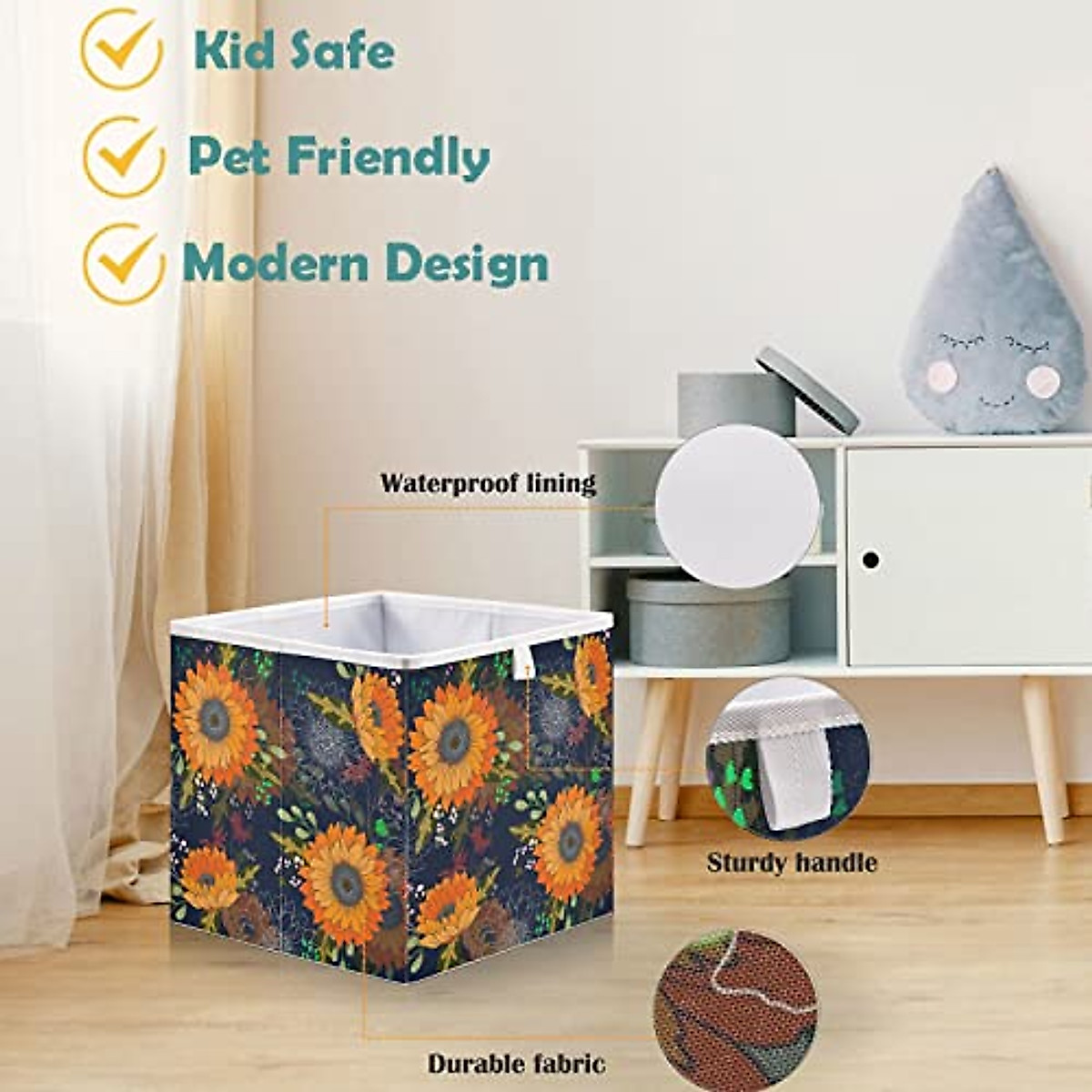 visesunny Closet Baskets Sunflower Wild Flower Storage Bins Fabric Baskets for Organizing Shelves Foldable Storage Cube Bins for Clothes, Toys, Baby Toiletry, Office Supply