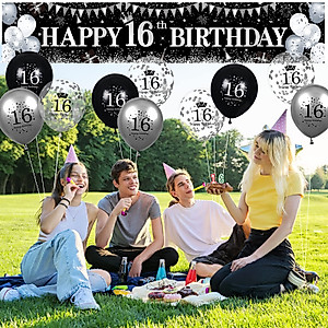 Black Silver Happy 16th Birthday Decorations Black Silver Happy 16th Birthday Banner Yard Sign and 18Pcs Black Silver 16th Birthday Balloons for Boys Girls Birthday Anniversary Party Decor Supplies