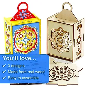 Baker Ross Rangoli Wooden Lantern - Pack of 3, Wooden Craft Set for Children, Arts and Crafts for Kids Activities for Kids to Color in, Decorate and Display (FE843)