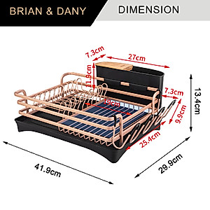 BRIAN & DANY Aluminum Dish Drainer, Dish Drying Rack with Removable Cutlery Holder & Cup Holder, Unique 360° Swivel Spout Drain Board, Golden