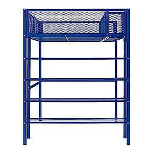 Twin Size Loft Bed, Metal High Loft Bed Frame with 4-Tier Open Shelves, Guardrail Side Storage Shelf and Mesh Guardrails, Versatility Bed for Kids Adults, Bedroom Furniture Storage Bed (Blue Bed)