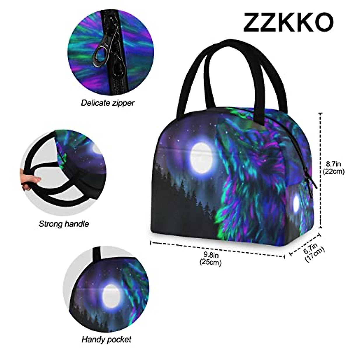 ZZKKO Colorful Moon Wolf Lunch Bag Box Tote Organizer Lunch Container Insulated Zipper Meal Prep Cooler Handbag For Women Men Home School Office Outdoor Use