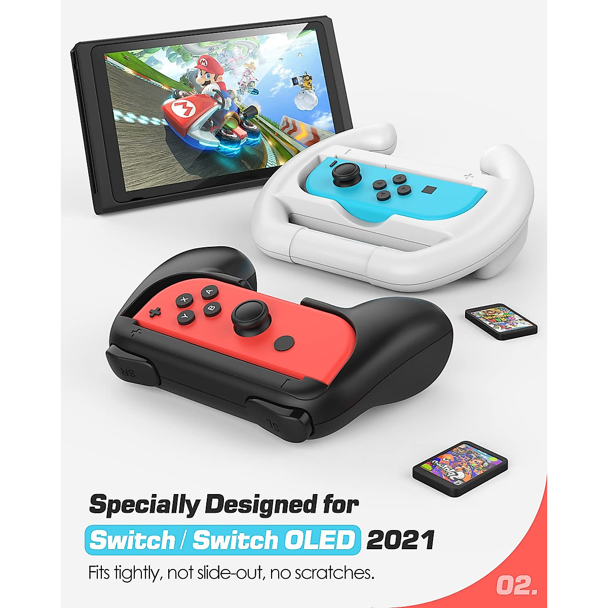 MoKo Steering Wheel & Grips for Nintendo Switch OLED 2021/Switch Joy-Con Controllers, 2 Pack Mariokart Racing Steering Wheel & 2 Pack Comfort Hand Grip Handle Kit for Mario Kart 8 Deluxe, Black&White