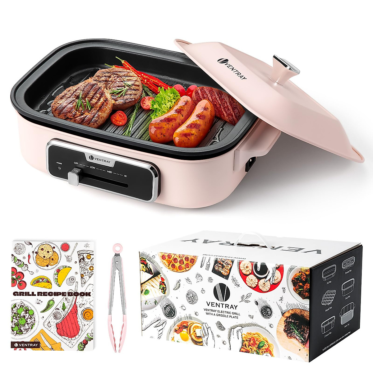 Ventray Electric Skillet with Lid Indoor Electric Grill, Nonstick Cooking Surface for Frying, Sauteing, Simmering and Braising, Adjustable Temp Portable Korean BBQ Grill with Removable Griddle Plate