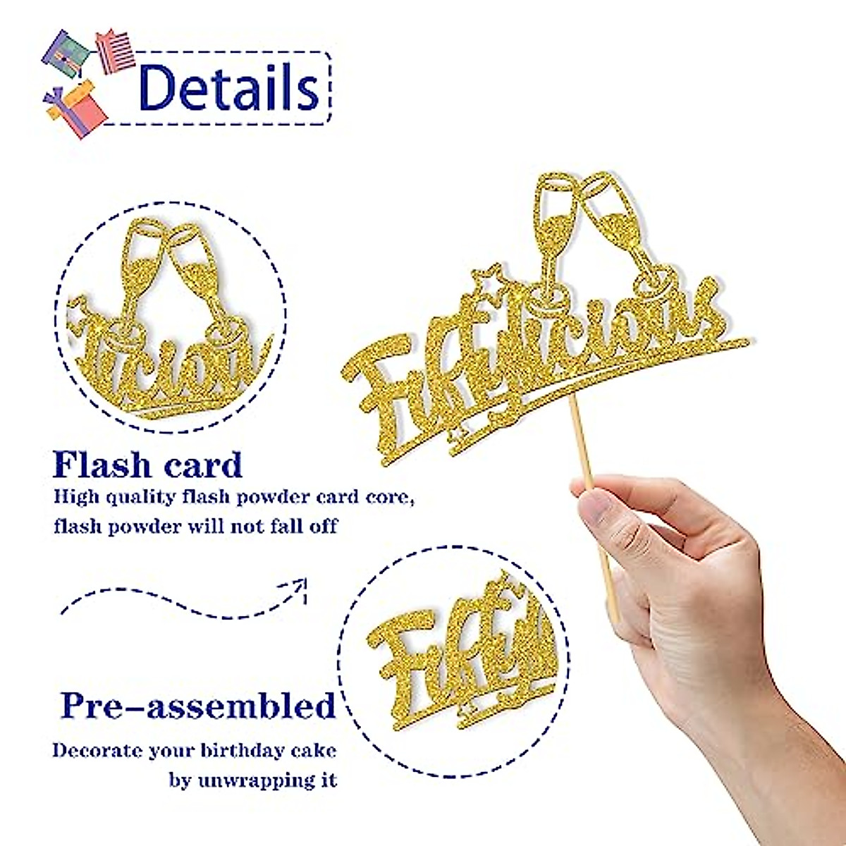 RoadSea Fiftylicious Cake Topper - Happy 50th Birthday Cake Supplies - 50th Wedding Anniversary Party Decoratrions - Gold Glitter (Fiftylicious)