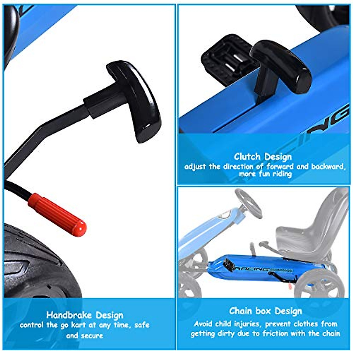 Costzon Go Kart, 4 Wheel Powered Ride On Toy, Outdoor Racer Pedal Car with Clutch, Brake, EVA Tires, Adjustable Seat (Blue)