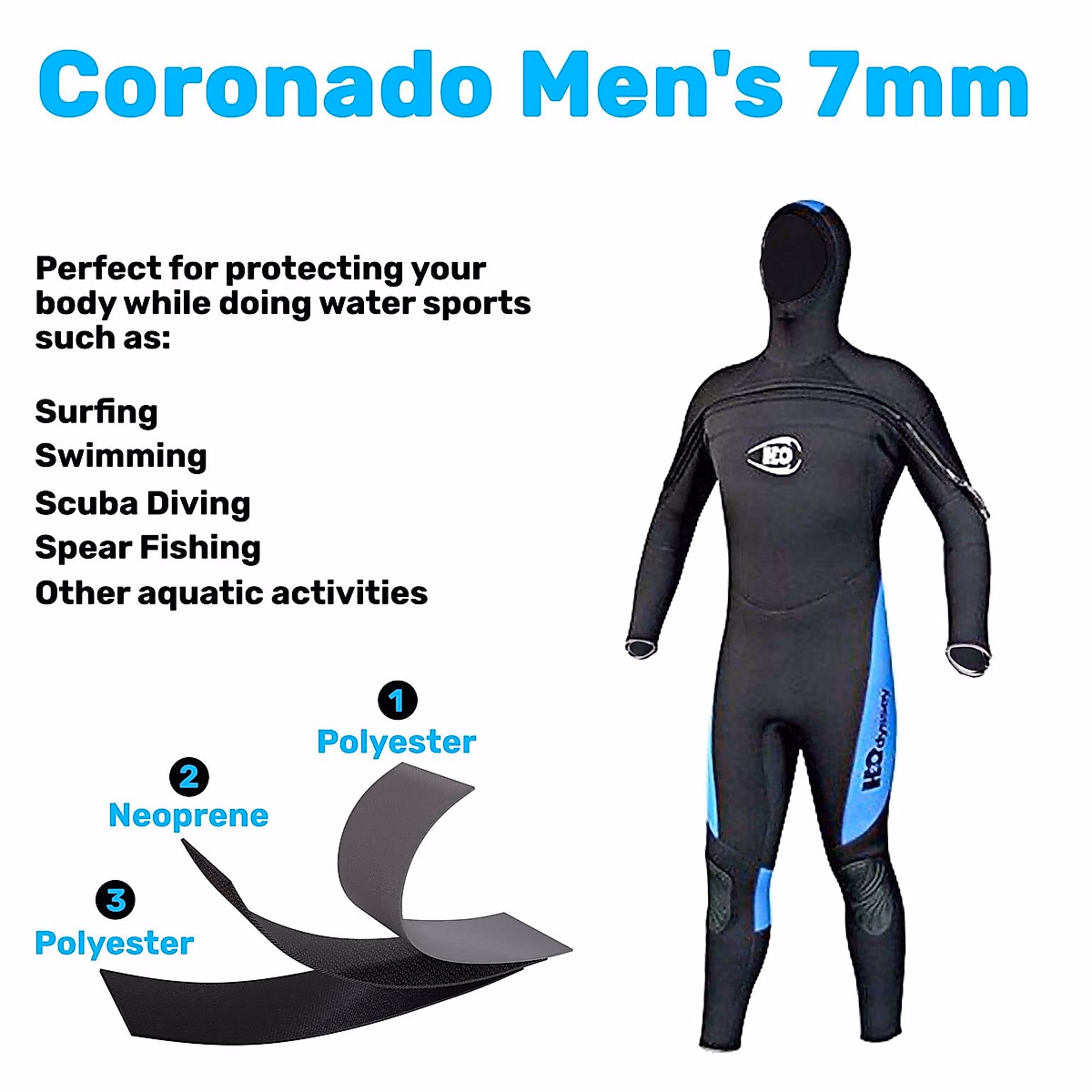 H2odyssey Coronado Mens Hooded Wet Suit - 7mm Neoprene Mens Suit for Scuba Diving - Front Zip Wetsuit for Men