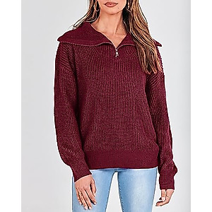 KIRUNDO Women's 2023 Fall Winter Long Sleeve Quarter Zip Pullover Casual V Neck Ribbed Knit Sweaters Jumper Tops(Wine Red, Medium)