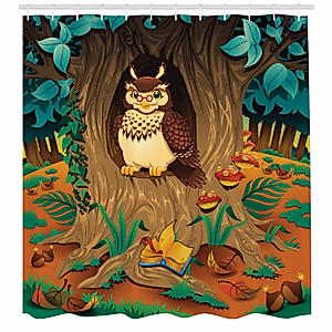 Ambesonne Owl Shower Curtain, Old Wise Nanny Grandma Owl in The Chestnut Tree Hallow Looking Through Sage Character, Cloth Fabric Bathroom Decor Set with Hooks, 69" W x 70" L, Multicolor