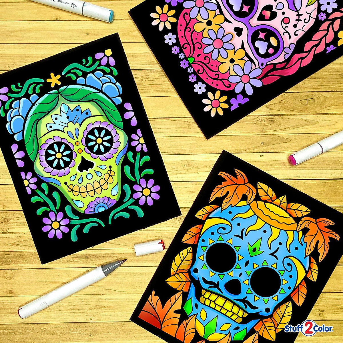 Stuff2Color Super Pack of 18 Fuzzy Velvet Coloring Posters (Sugar Skulls Edition) - Great Kid Friendly Halloween, Day of the Dead, Dia de los Muertos Arts and Craft Activity [All Ages Fun] (1 Pack)