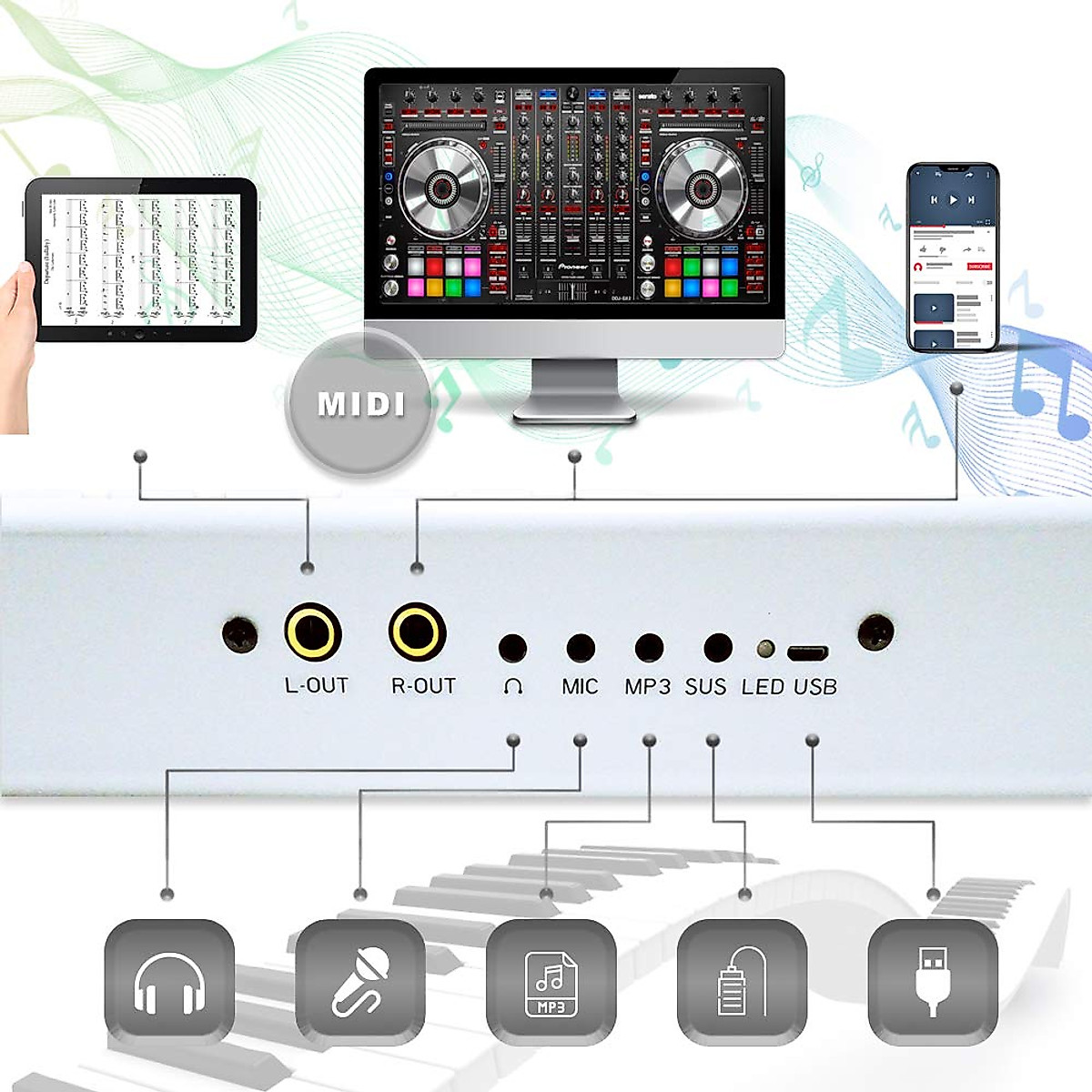 Dulcette DC11 88-Key Portable Piano Keyboard | Built-In Speakers | Semi-Weighted Keys | Sustain Pedal MIDI/USB | Electric Keyboard Piano 88-Keys | Music Stand | FREE CARRYING BAG