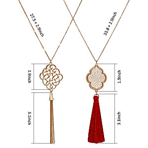 ALEXY 2Pcs Long Chain Pendant Necklace Set, Filigree Quatrefoil and Celtic Knot Pendant Tassel Y Necklaces for Women (B Gold + Gold)