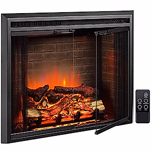 PuraFlame Klaus Electric Fireplace Insert with Fire Crackling Sound, Glass Door and Mesh Screen, 750/1500W, Black, 33 1/16 Inches Wide, 25 9/16 Inches High