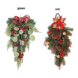 Sempoda Artificial Christmas Teardrop Swag, 21.7in Christmas Wreath with Bow & Red Berries & Xmas Ball, Winter Hanging Pine Leaves Garland for Home Party Wall Window Holiday Wedding Door Decor