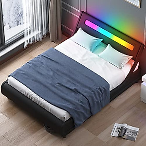 ZAFLY Modern Platform Full Bed Frame,Full Size Bed Frame with RGB LED Headboard,Wooden Slats Support/No Box Spring Needed/No Mattress,Black