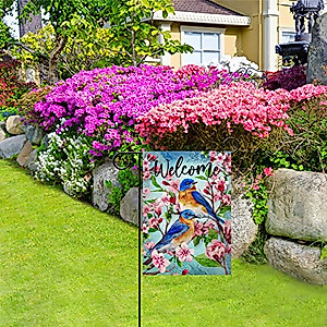 Artofy Welcome Spring Bluebird Home Decorative Birds Garden Flag, Yard Outside Decor, Summer Flowers Outdoor Small Burlap Decoration Double Sided 12 x 18