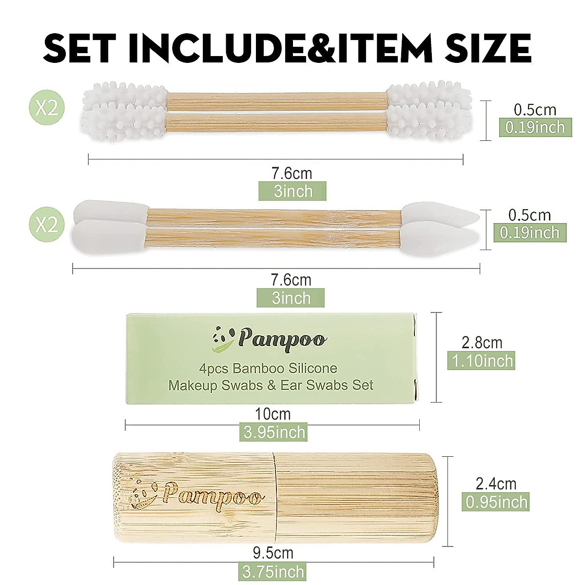 Pampoo 4PCS Plastic Free Reusable Qtips with Bamboo Carrying Case丨Reusable Cotton Swab Qtip Zero Waste Packaging丨Strengthen Thick Bamboo Stick丨Eco Friendly Bamboo Qtips Sustainable Set