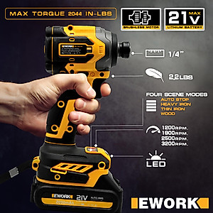 EWORK Compact Cordless Drill and Impact Driver Combo Kit 21V Brushless Power Tool Set with (2) 2.0Ah Batteries and Fast Charger, Tool Bag (EKC-1018)
