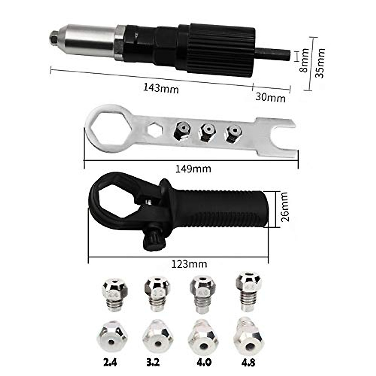 METAWELL Professional Portable Rivet Gun Adapter Kit with Electric Rivet Nut Gun Adaptor Insert Cordless Power Drill Tool Kit- 4 Pcs Different Matching,Drill Adapter with Handle and Wrench