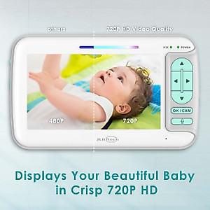 JLB7tech 5” 720P HD Video Baby Monitor with 1 Remote Camera, Remote Pan/Tilt/Zoom, High Definition, Portable Charging Cradle, Two-Way Audio, Auto Night Vision, 5 Lullabies, No WiFi, Up to 4 Cameras