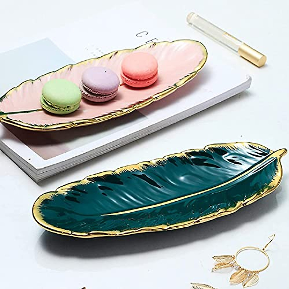 Organizer Tray Feather Trinket Dish Ceramic Jewelry Dish Organizer Vanity Dressers Tray for Bathroom Closets Tray Desk Ornate Jewelry-Green