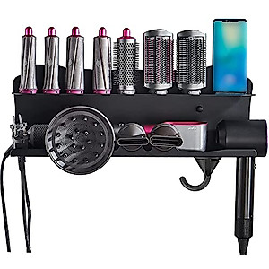 2in1 Wall Mounted Holder for Dyson Supersonic Hair Dryer, Bathroom Storage Bracket Rack for Dyson Airwrap, Hair Dryer Organizer Fits Barrels Brushes Diffuser Nozzles for Hair Salon Barbershop