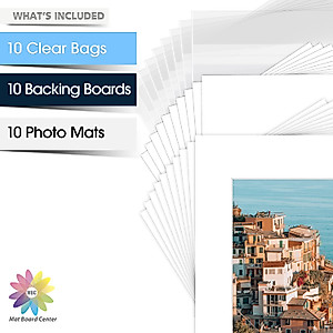 Mat Board Center, 10 Pack of White Pre-Cut Mat Board 16x20 Picture Mat for 11x14 Photo with White Core Bevel Cut Mattes Sets. Includes 10 Acid Free Mats & 10 Backing Board & 10 Clear Bags