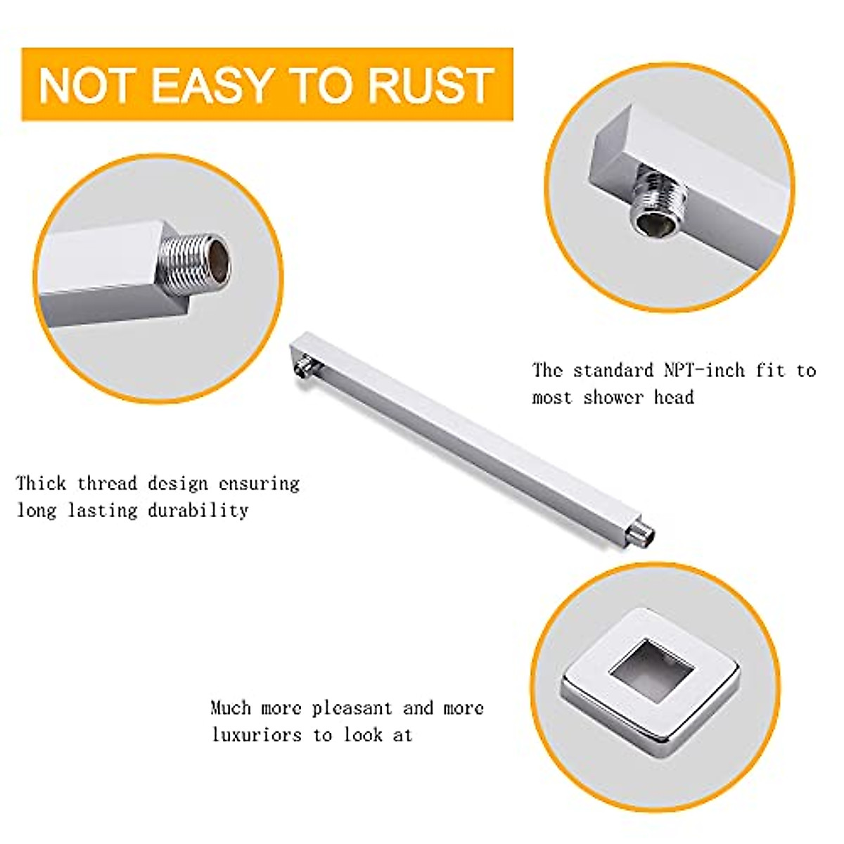 AZOS 16 Inch Shower Arm with Flange, Rain Shower Head Extension Extender, Chrome Universal Showering Components Shower Arm Stainless Steel Bathroom Rainfall Showerhead