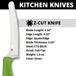 Spyderco Z-Cut Kitchen Knife with 4.3" Blunt Tip CTS BD1N Stainless Steel Blade and Durable Green Polypropylene Handle - SpyderEdge - K13SGN