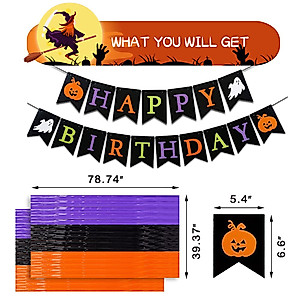 Halloween Birthday Party Decorations Include happy birthday halloween banner halloween balloons Halloween Birthday Cake Topper halloween fringe curtain for Halloween Birthday Party Supplies