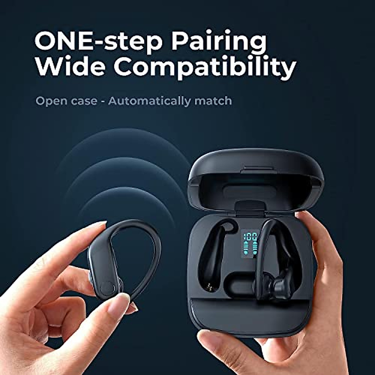 fojep Wireless Earbuds Bluetooth Headphones 100hrs Play Back Sport Earphones Built in Noise Cancellation Mic with Charging Case Digital Display, Sweatproof Stereo Sound Headphones with Over Earhooks