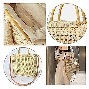 QTKJ Fashion Women Summer Straw Crossbody Bag with Cute Tassels Pendant, Hand-Woven Beach Shoulder Bag with Top Wooden Handle Tote Bag (Beige)