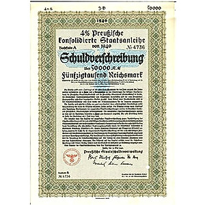 1940 DE RARE ORIGINAL 50,000 MARK NAZI WAR BOND w BLUE EAGLE, 2 SWASTIKAS 50,0000 Marks Crisp Uncirculated