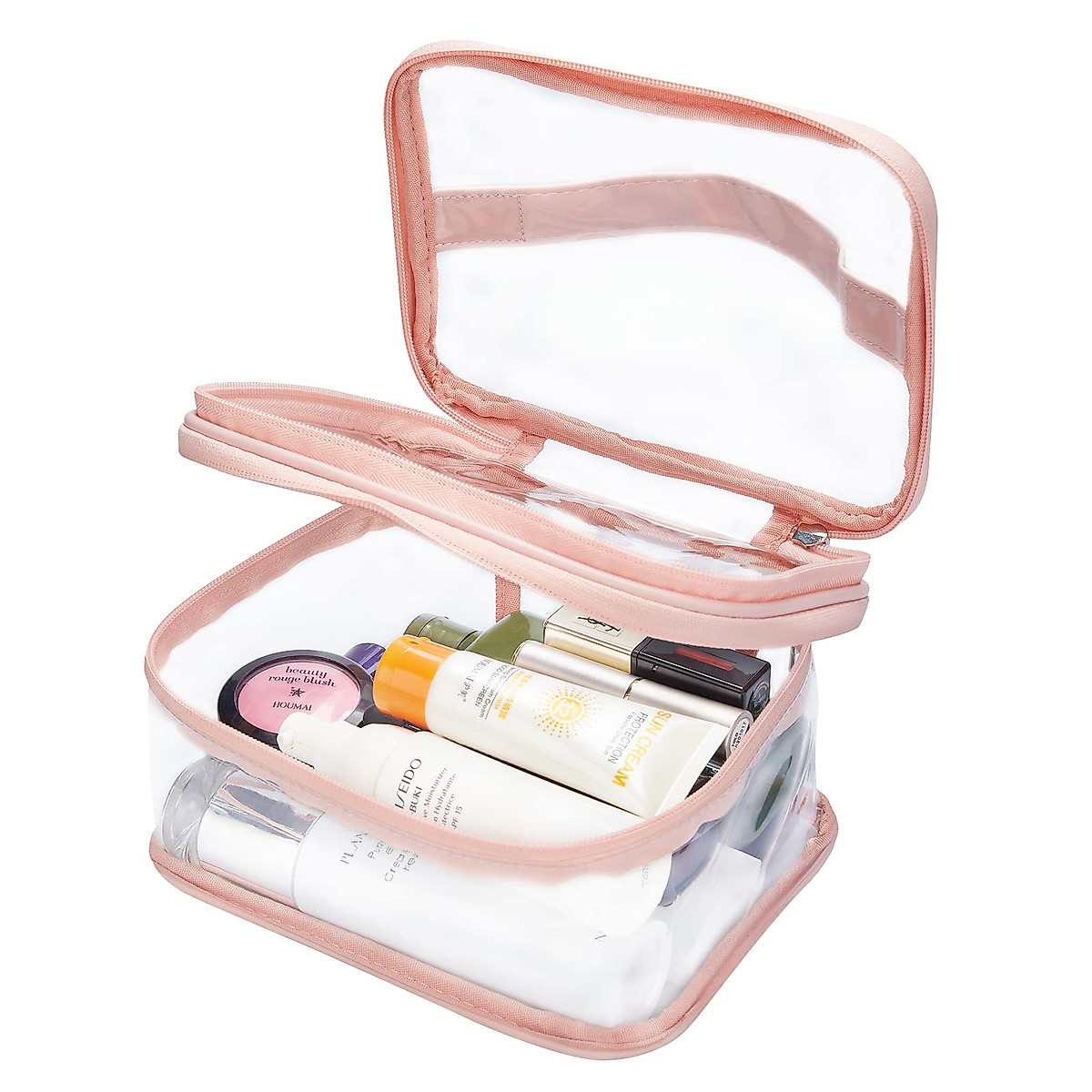 HAOGUAGUA Double Layer Clear Cosmetic Bag Makeup Bag, Waterproof Travel Toiletry Bag, Transparent PVC Hair & Nail Accessories Pouch Beach Bag Organizer (Pink)