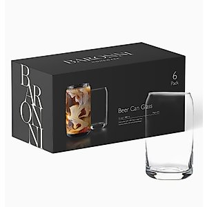 BARONNI Can Shaped Drinking Glasses for Iced Coffee & Tea - 16oz Clear Tumbler Drinkware - Set of 6 Cups for Soda, Water, Whiskey, Beer and Cocktails