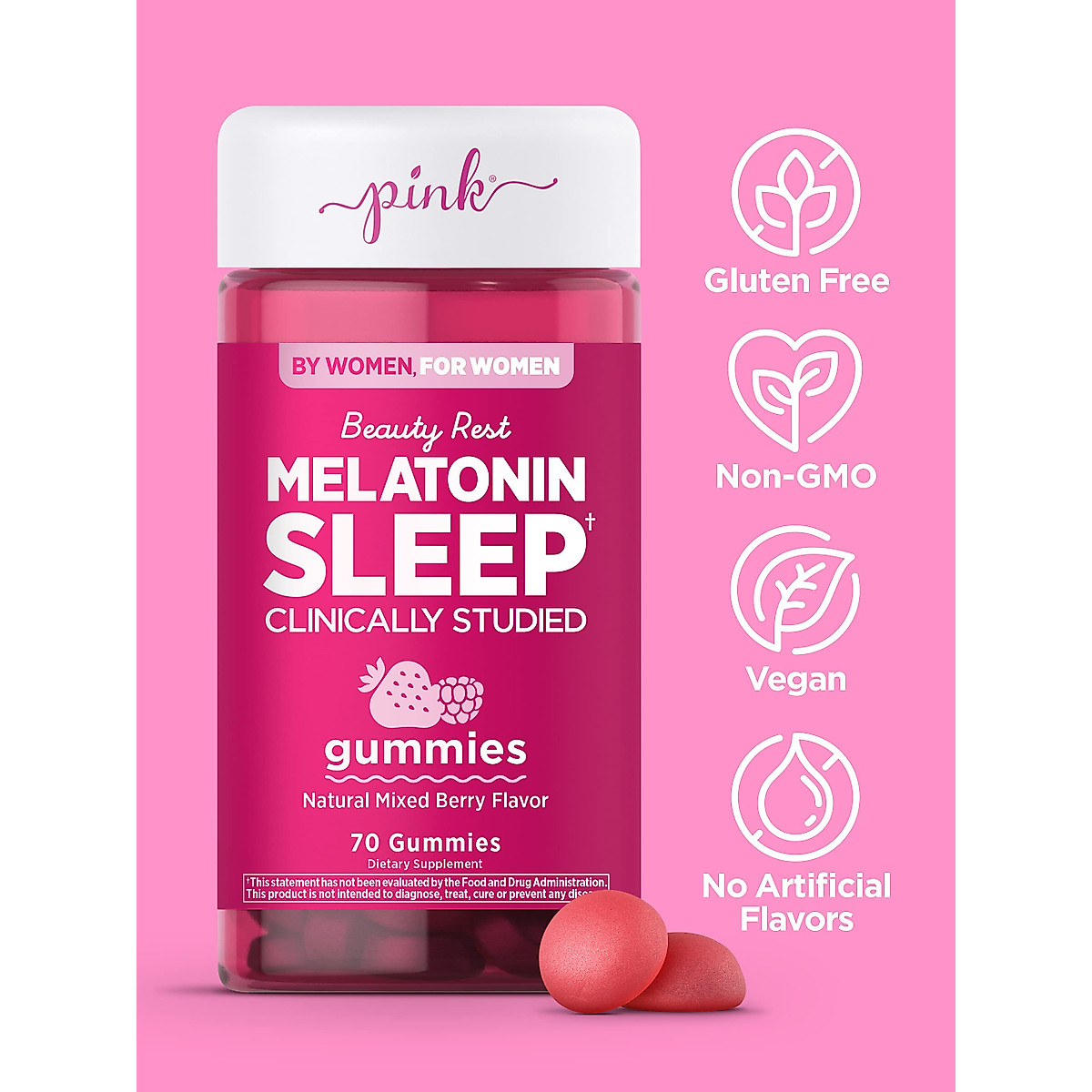 PINK Melatonin Gummies | 10mg | Max Potency | Vegan, Non-GMO & Gluten Free | 70 Count | Mixed Berry Flavor