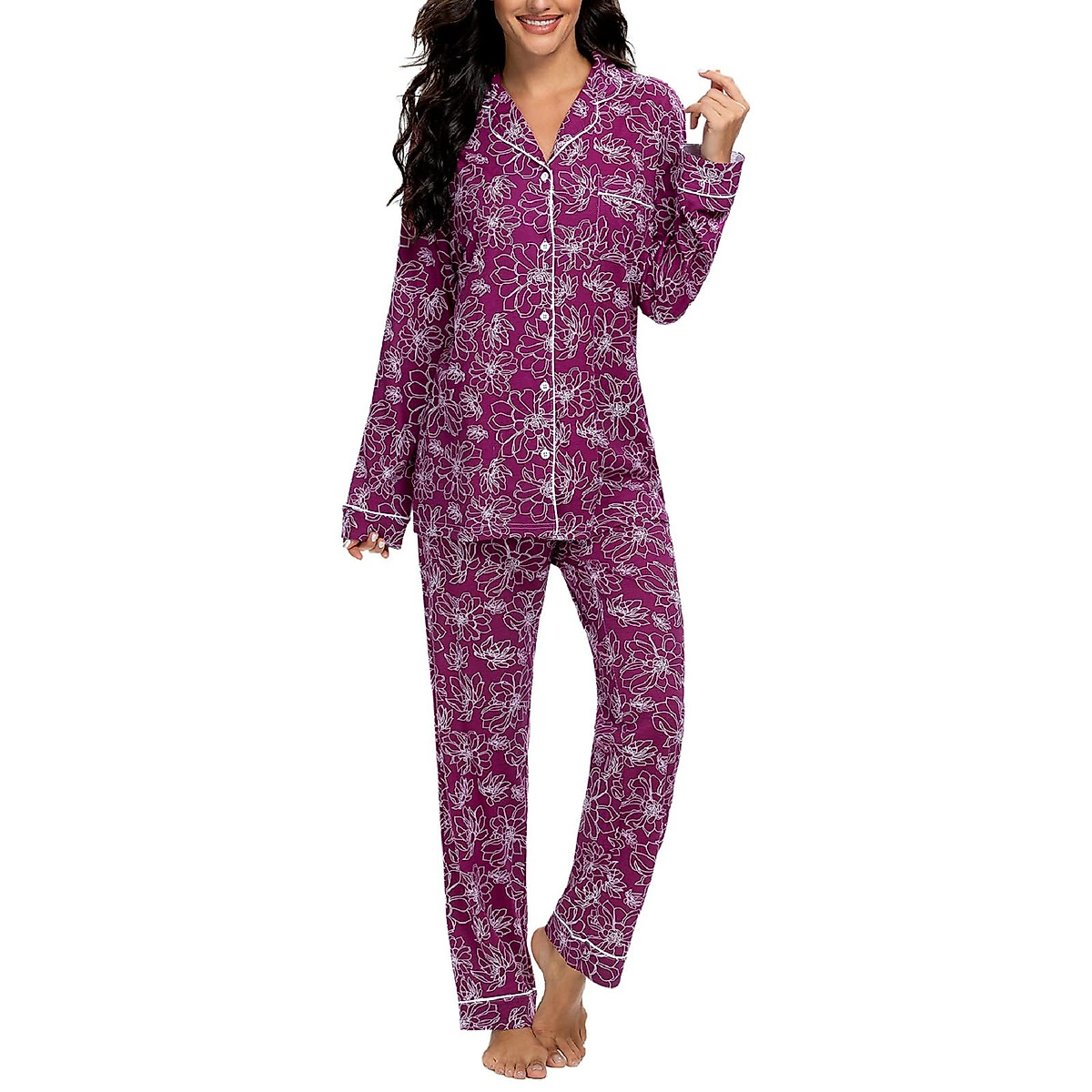 Tugege Pajamas Set Long Sleeve Sleepwear Women Button Down Nightwear Pj Lounge Sets (Burgundy Peony, Large)