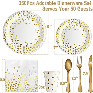 350PCS White and Gold Party Supplies, Severs 50 Disposable Gold Paper Plates Party Supplies Engagement Party Decorations Plastic Forks Knives Spoons Napkins Cups for Wedding Bachelorette