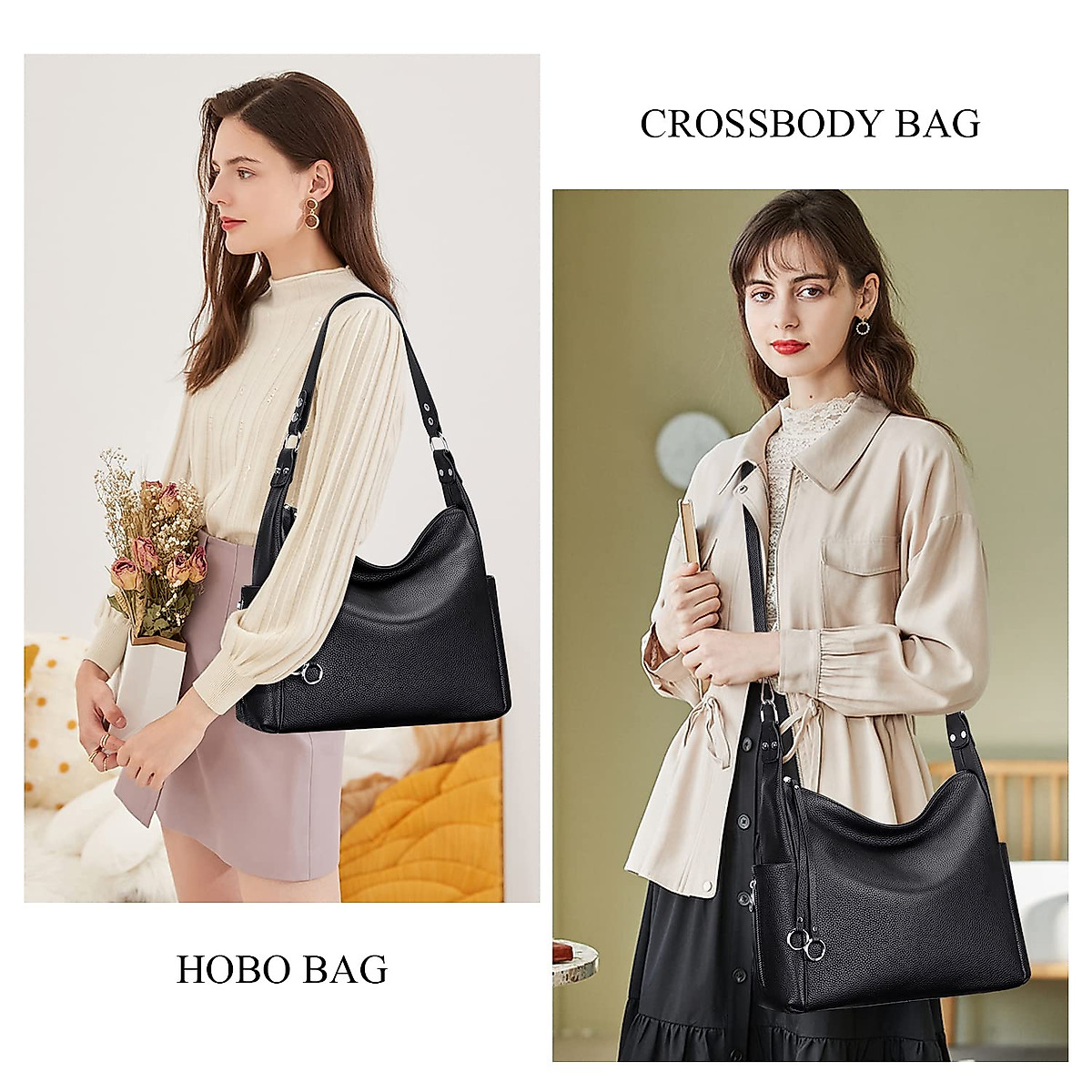 Over Earth Genuine Leather Hobo Purses and Handbags for Women Ladies Shoulder Crossbody Purse(O116E RP Black)