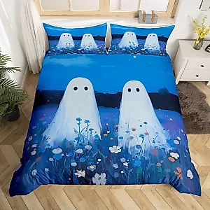 Manfei Cute Ghost Paint Duvet Cover,Halloween Ghost Couple Kawaii Duvet Cover for Kids Boys Girls Teens,Watercolor Blue Nature Floral Aesthetic Bedroom Decor Comforter Cover Full