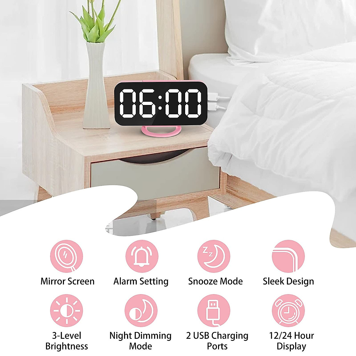 Miowachi Pink Digital Alarm Clock,Large Mirrored LED Clock,Snooze,2 USB Charger Ports Desk Alarm Clocks for Girls School (Pink)