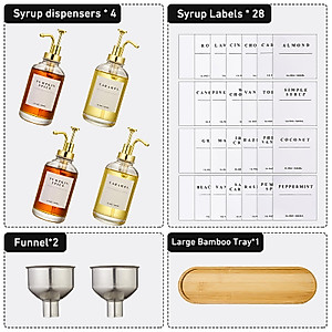 HSIOHE Coffee Syrup Dispenser for Coffee Bar,4 Pack Syrup Dispenser 16.9 oz 500 ml, Glass Syrup Bottle with Gold Upgraded Pump, Coffee Syrup Pump Dispenser, 28 Labels and Large Bamboo Tray