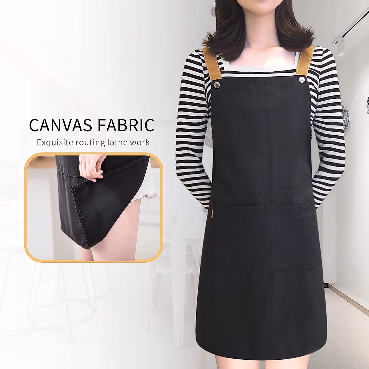 LOYGLIF Apron for Women with Adjustable Straps and Pockets, Canvas Cotton Cooking Kitchen Chef Hairstylist Bib Aprons, Black