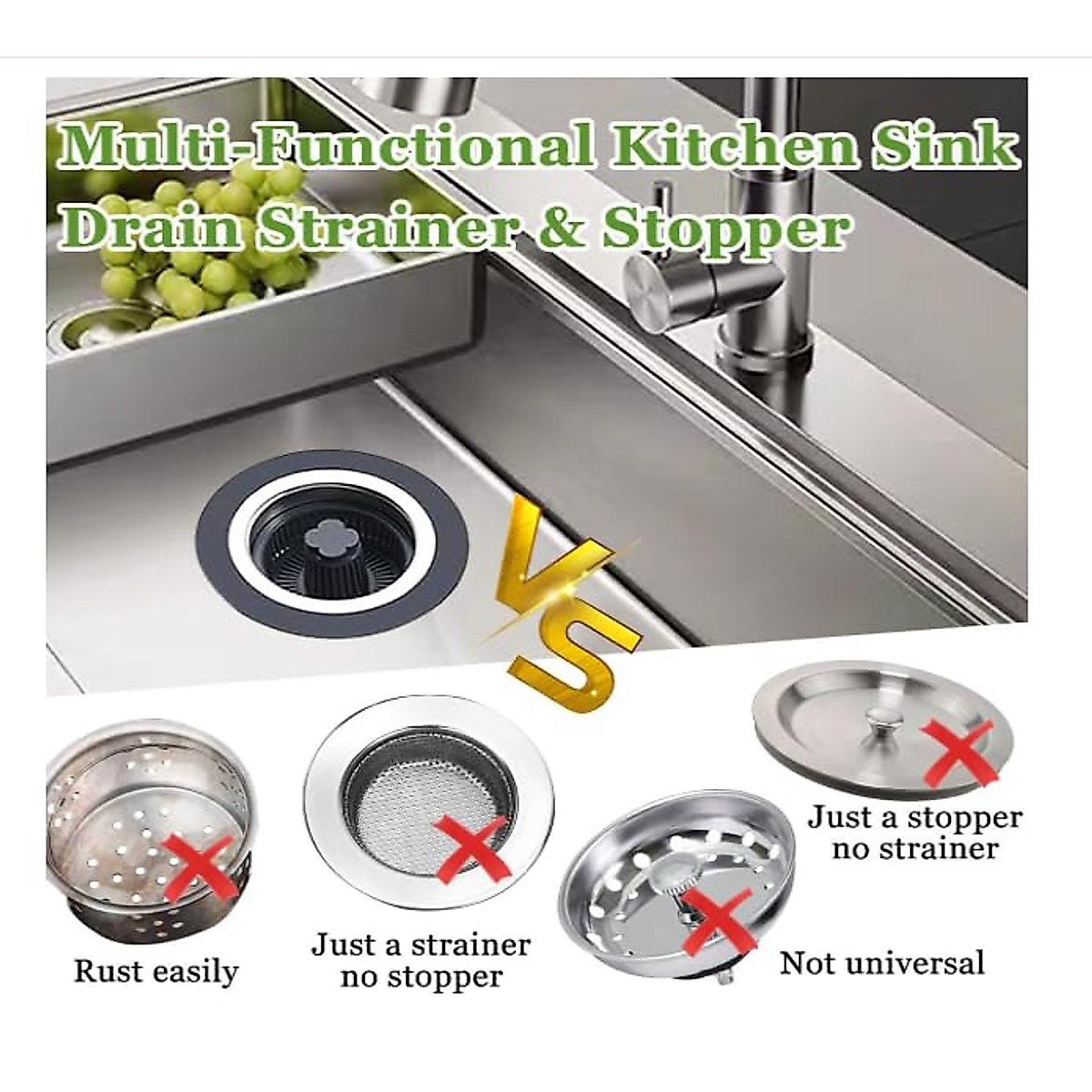 3-in-1 Upgarded Kitchen Sink Drain Stopper &Stainer Combo - Pop-Up Anti-Clog Basket for Fast Drainage , Includes 3 Reuseable Filters