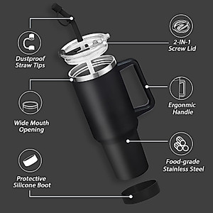 40 oz Insulated Tumbler with Handle and Straw Spout Lid - 100% Leak-proof Travel Coffee Cup, BPA Free Spill Proof Metal Mug, Vacuum Water Bottle- (Cold-34H & Hot-10H), Straw Cover, Silicone Boot
